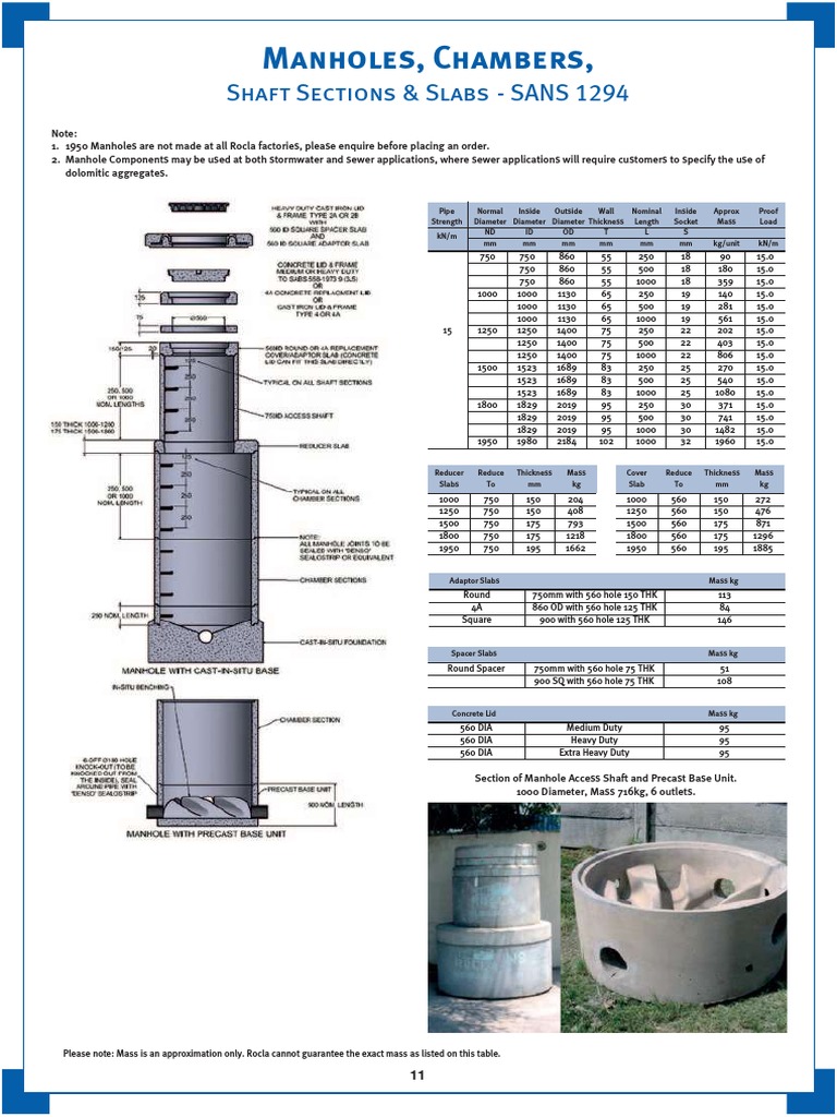 Manholes, Chambers,: Shaft Sections & Slabs - SANS 1294 | PDF ...