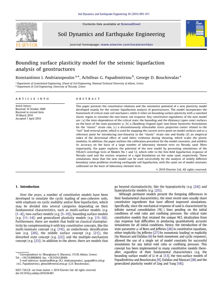 Bounding Surface Plasticity Model For The Seismic Liquefaction Analysis Of Geostructures Pdf