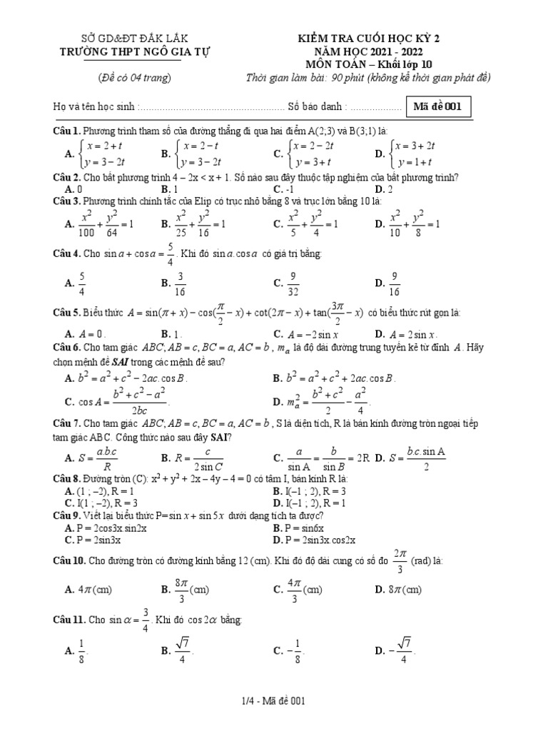 De Thi hk2 Toan 10 Nam 2021 2022 Truong THPT Ngo Gia Tu Dak Lak | PDF