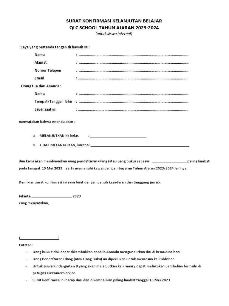 Surat Konfirmasi Kelanjutan Belajar QLC School Tahun Ajaran 2023 - 2024 ...