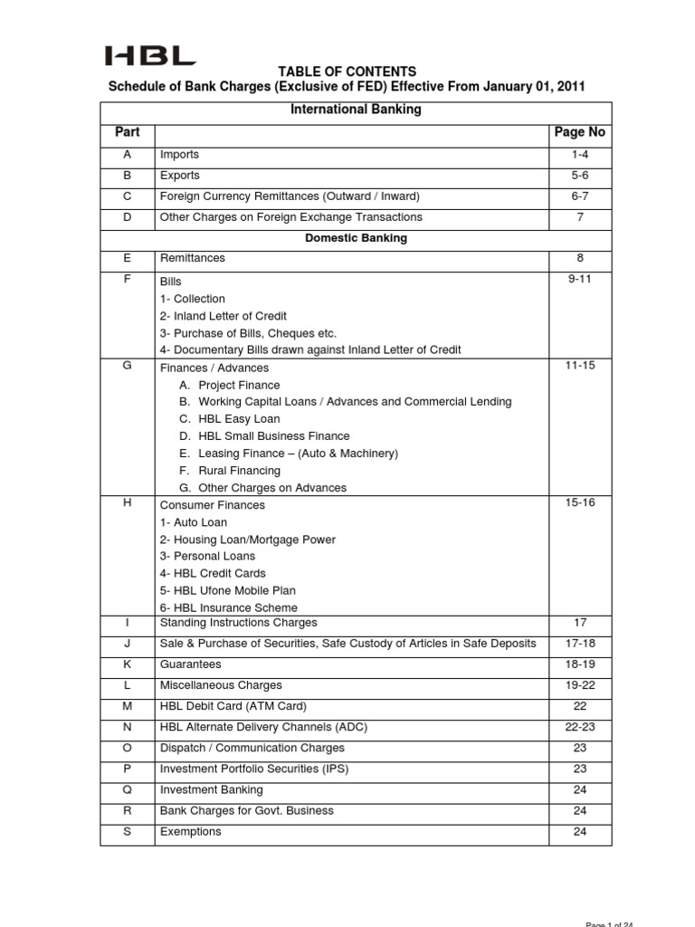 HBL Bank Charges Schedule 2011 | PDF | Credit Card | Cheque