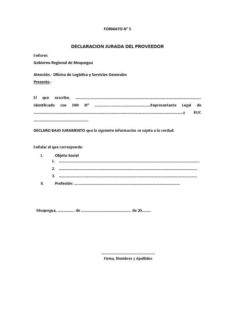 DECLARACION JURADA DE PROVEEDOR FORMATO N° 5 | PDF