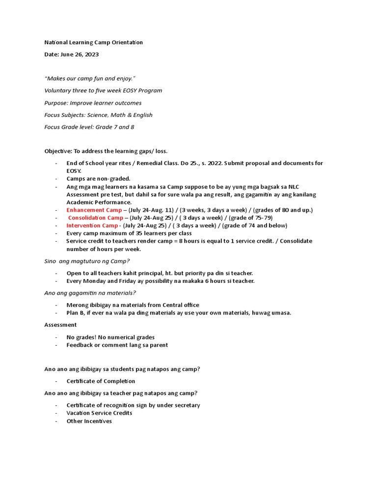 National Learning Camp Orientation | PDF