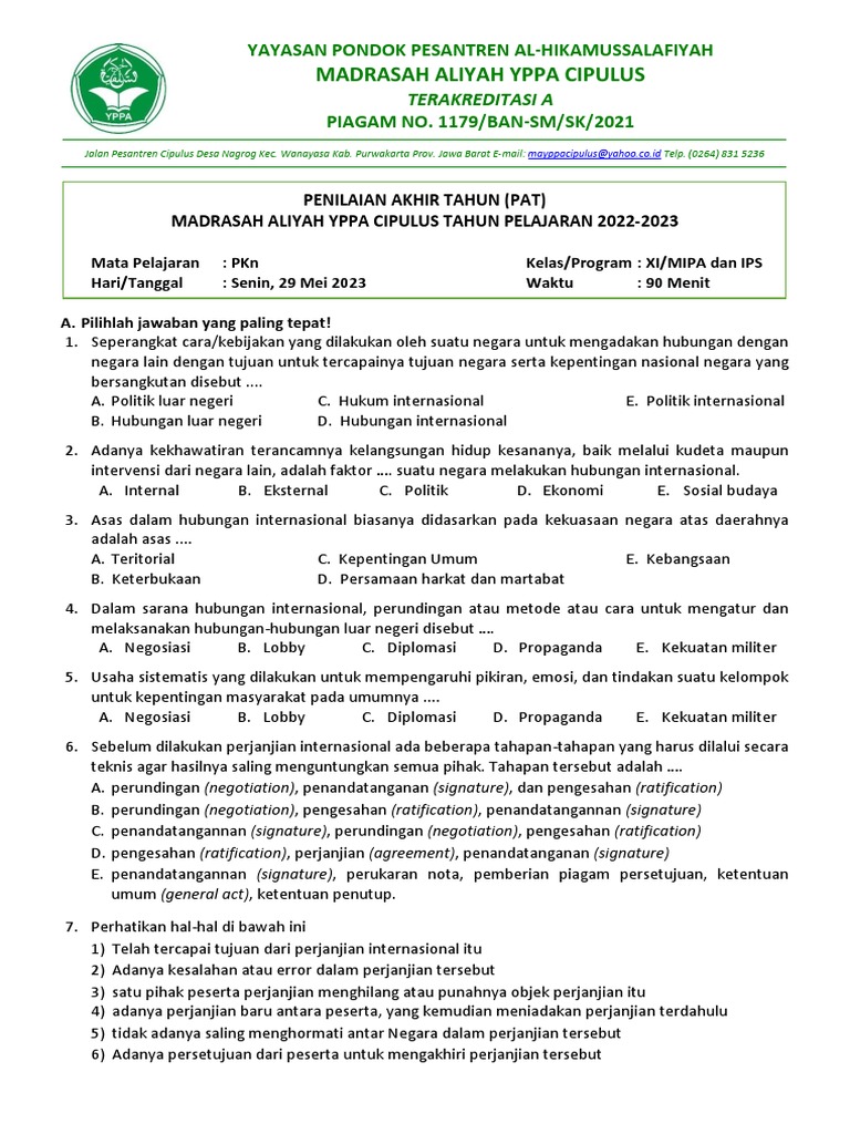 Soal PAT PKn Kelas XI MA YPPA | PDF