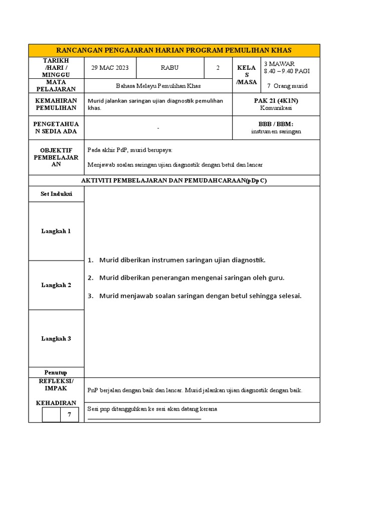 Rancangan Pengajaran Harian Program Pemulihan Khas | PDF