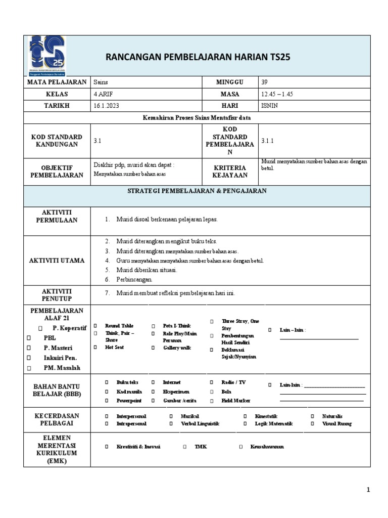 RPH SN Tahun 4 Kemahiran Proses Sains Minggu 2 | PDF