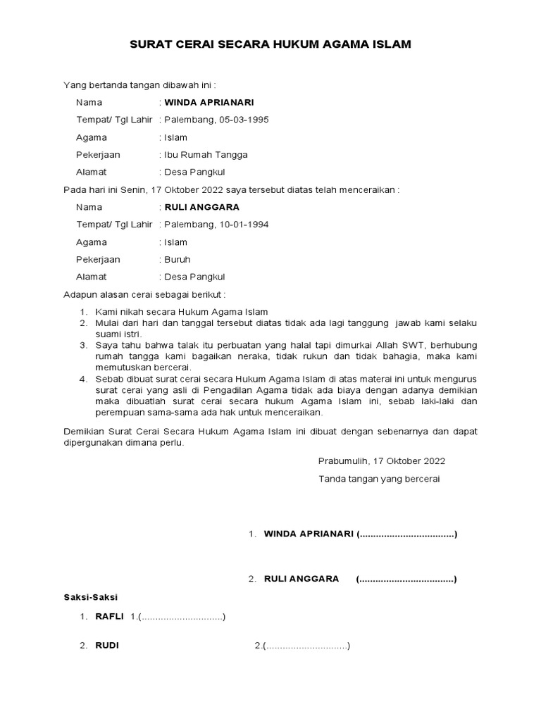 Surat Cerai Islam Winda dan Ruli | PDF