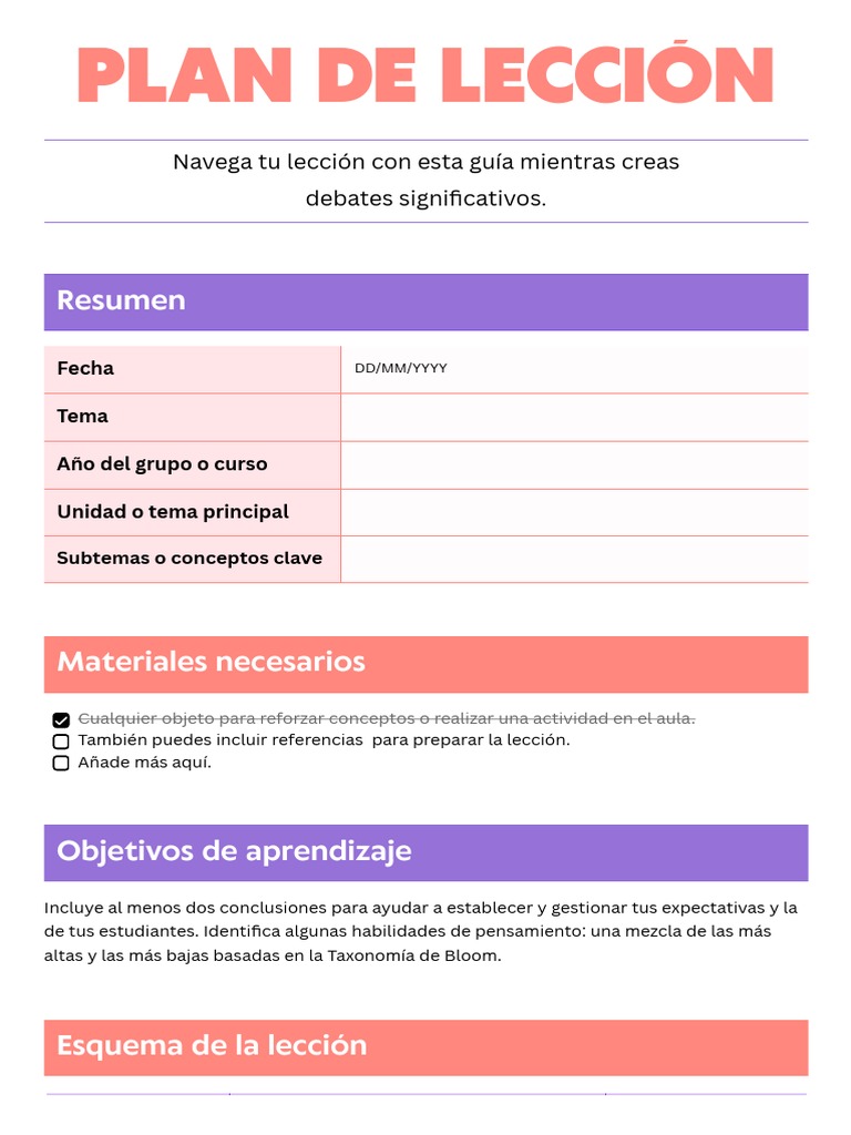 PLAN DE LECCIÓN ejemplo | PDF