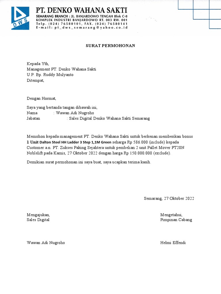 Surat Permohonan Bonus Customer | PDF