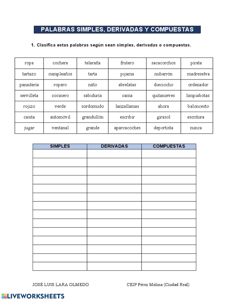 Clasifica Estas Palabras Según Sean Simples, Derivadas o Compuestas | PDF