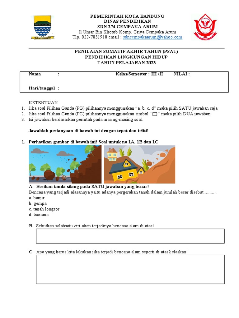 Soal PLH Kelas 3 tentang Bencana Alam | PDF
