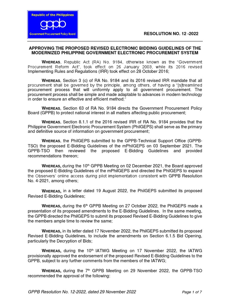 GPPB Resolution No. 12-2022 - Proposed Amendments To The E-Bidding Guidelines - SGD | PDF ...