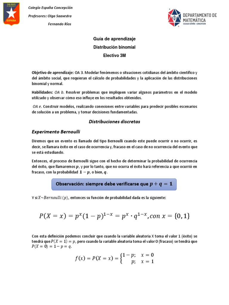 Guía de Aprendizaje Distribucion Binomial | PDF | Teoría de probabilidad | Probabilidad