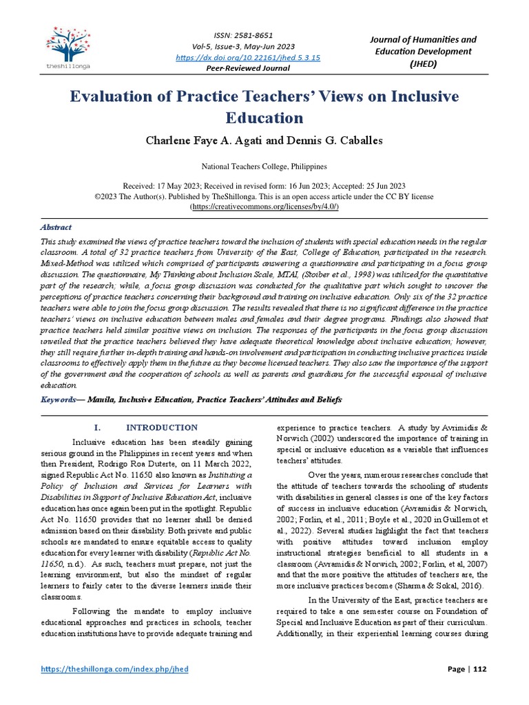 Evaluation Of Practice Teachers Views On Inclusive Education Pdf Inclusion Education