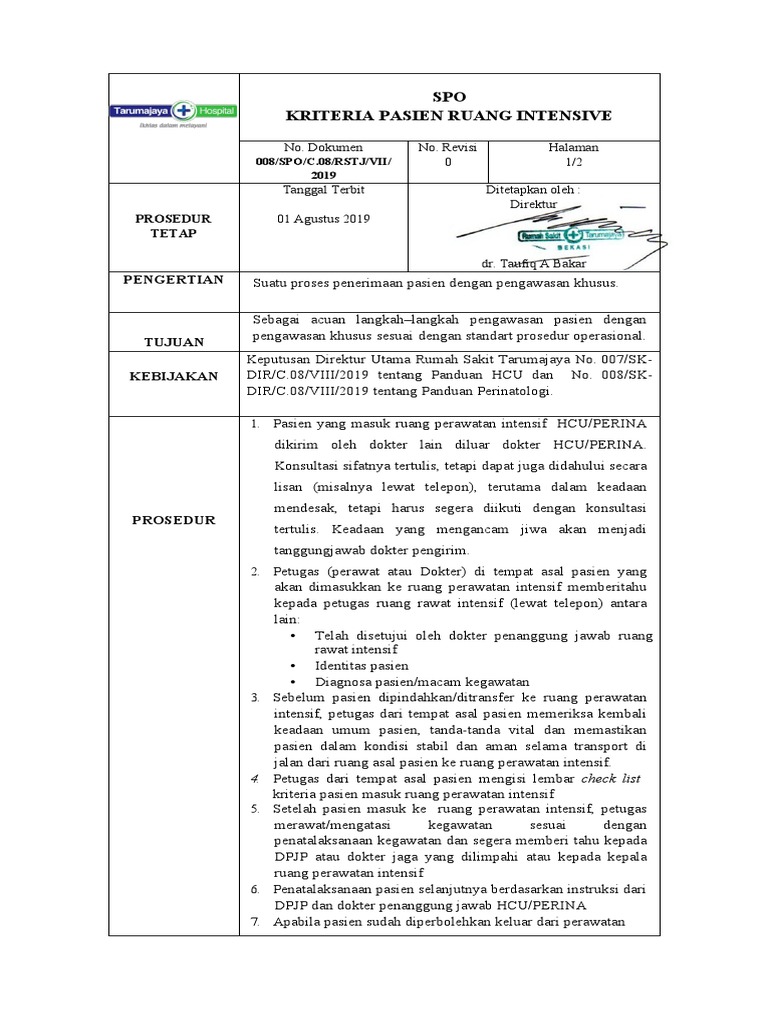 AKP 1.2 B. SPO Kriteria Pasien Ruang Intensive Page 1 | PDF