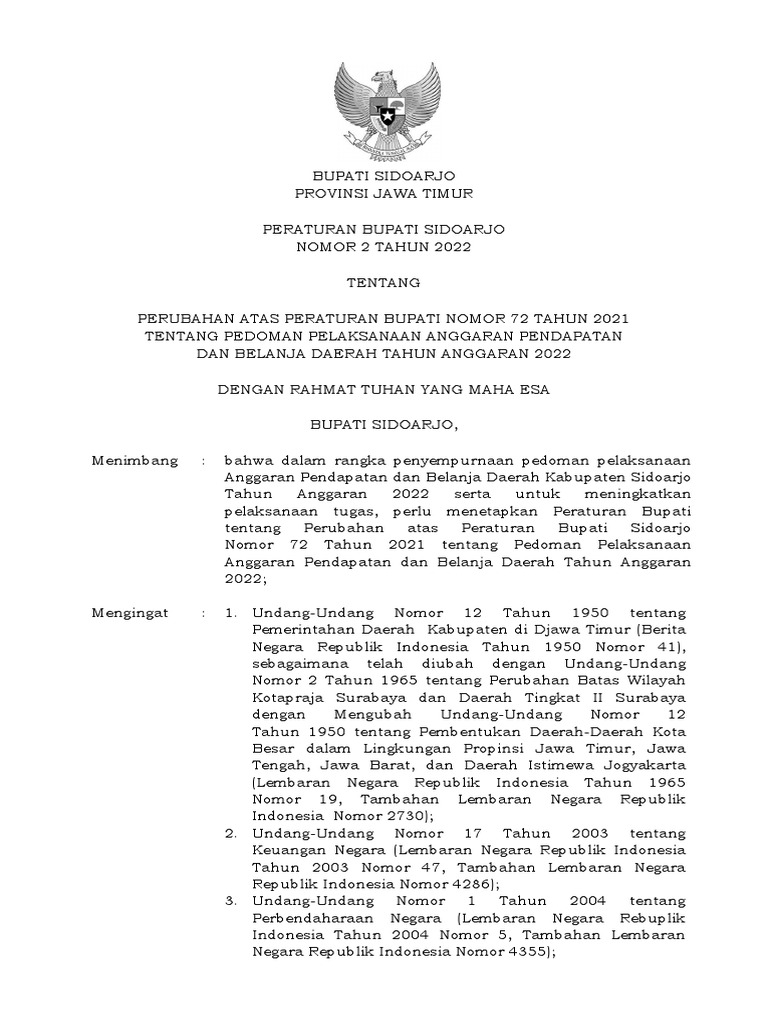 Perbub No 2 Tahun 2022 Tentang Pedoman Pelaksanaan Anggaran Pendapatan 2022 | PDF