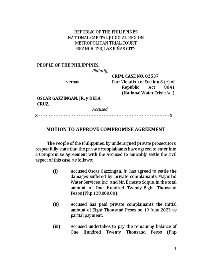 PP v. Gazzingan - Motion To Approve Compromise Agreement (With Conformity) | PDF | Public Law ...