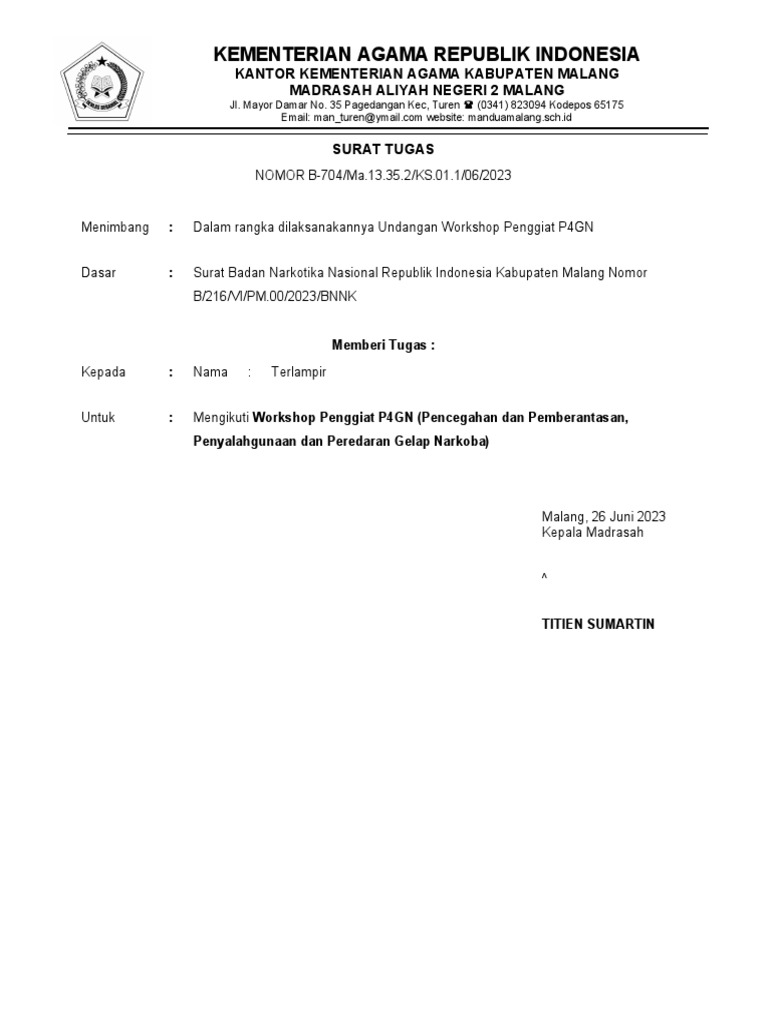 Surat Tugas Worksop P4GN BNN Kabupaten Malang | PDF