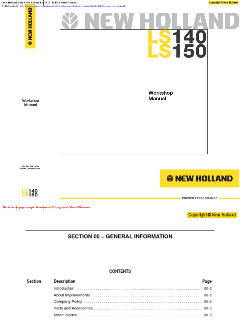 New Holland Skid Steer Loader Ls140 Ls150 en Service Manual | PDF ...