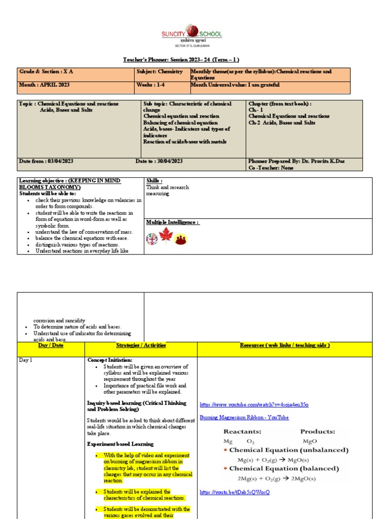 Lesson Plan April Class 10 | PDF | Redox | Chemical Reactions