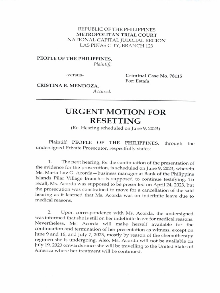 Urgent Motion For Resetting Dated June 2, 2023 (With Conformity) | PDF