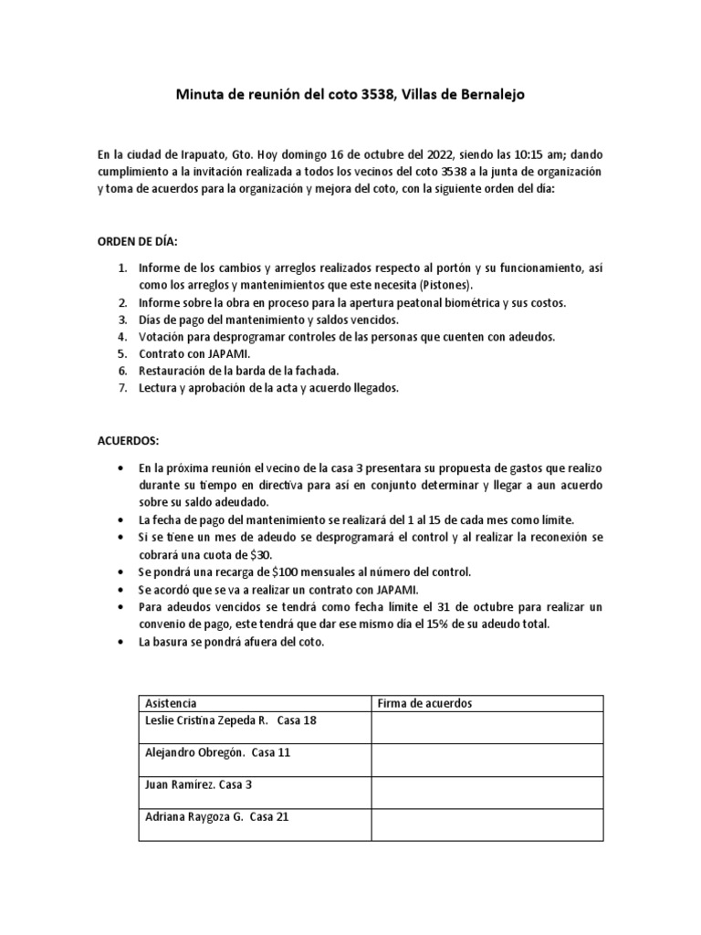 Minuta Junta Vecinos | PDF