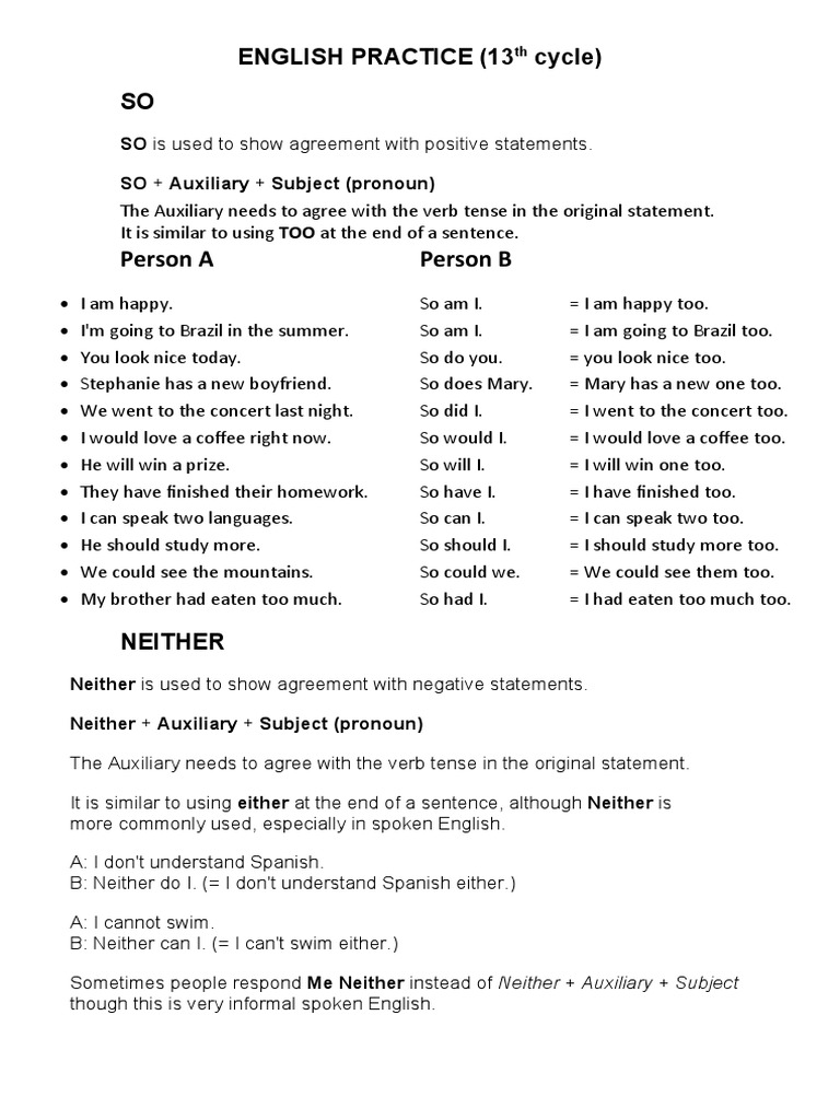 So Do I Neither Do I English Practice | PDF | Verb | English Language