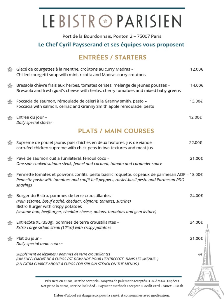 Menu Bistro Parisien 2023 | PDF | Boisson | Pesto