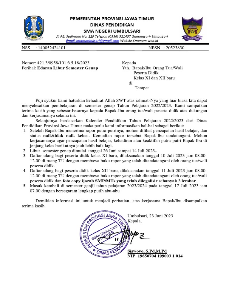 Edaran Libur Semester Genap 2022-2023 | PDF