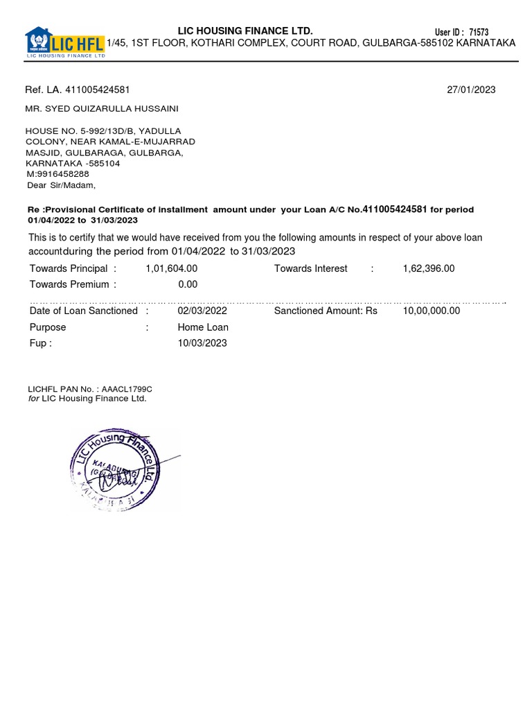 Housing Loan Certificate | PDF