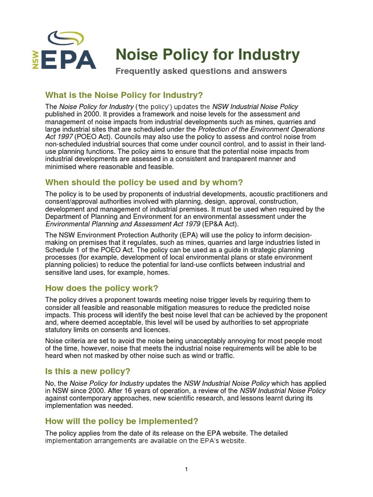 17p0279 Faq Noise Policy For Industry | PDF | Noise | Policy