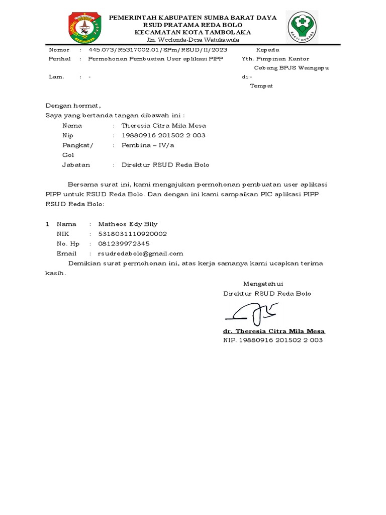 Surat Permohonan User PIPP BPJS | PDF | Ilmu Sosial | Sains & Matematika