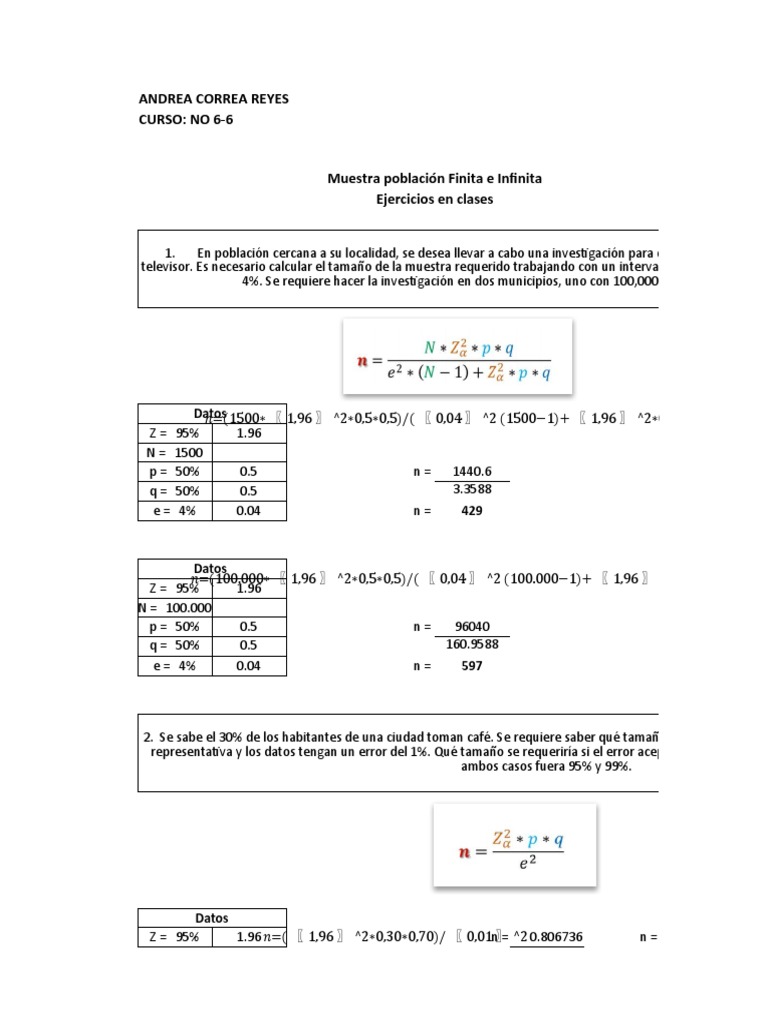 Muestra Población Finita e Infinita- ANDREA CORREA | PDF | Enseñanza de ...