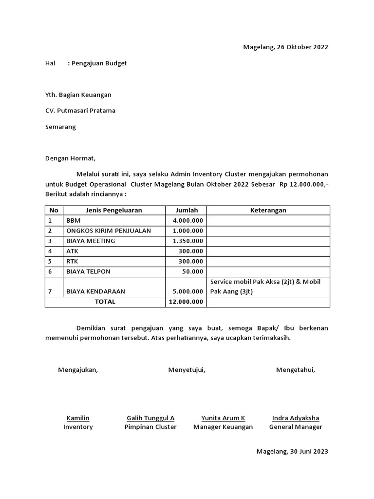 Pengajuan Budget Operasional | PDF