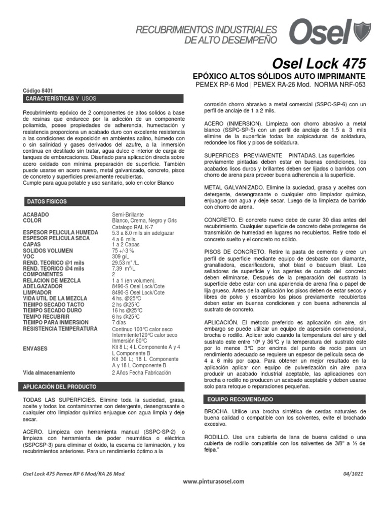 Osel Lock 475: Epóxico Altos Sólidos Auto Imprimante | PDF | Hormigón ...