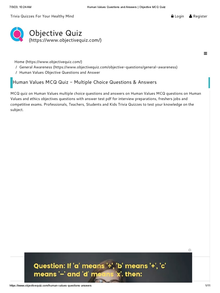 Human Values Questions and Answers - Objective MCQ Quiz | PDF | Multiple Choice | Quiz