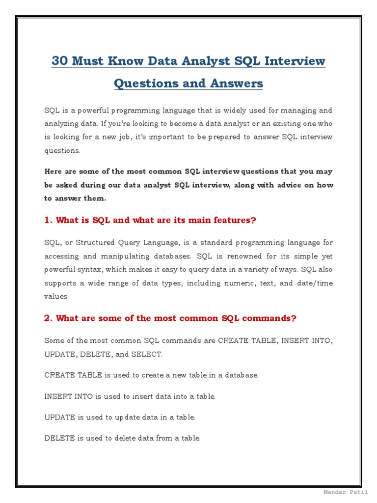 30 Must Know Data Analyst Sql Interview Questions Pdf Database Index Sql