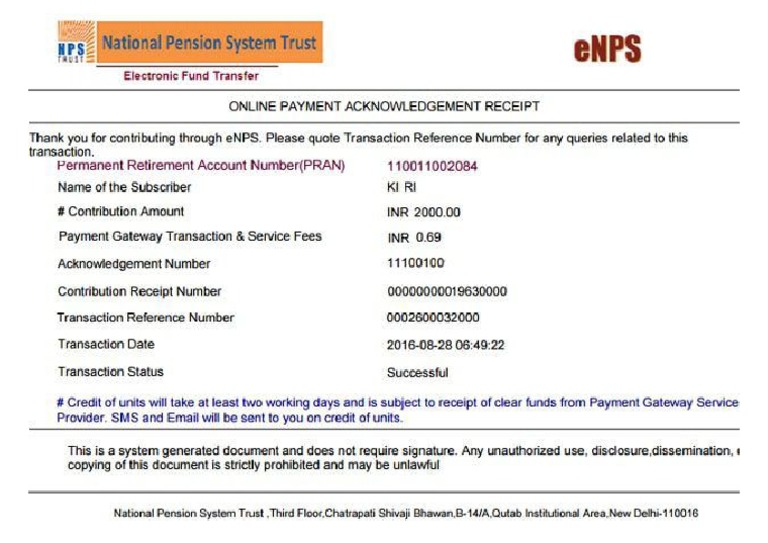 Nps Contribution Payment Receipt | PDF