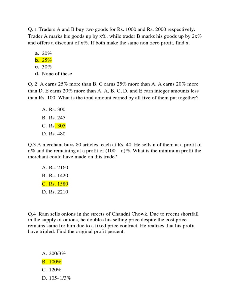 Profit and Percentage Problems Analysis | PDF | Speed | Economies