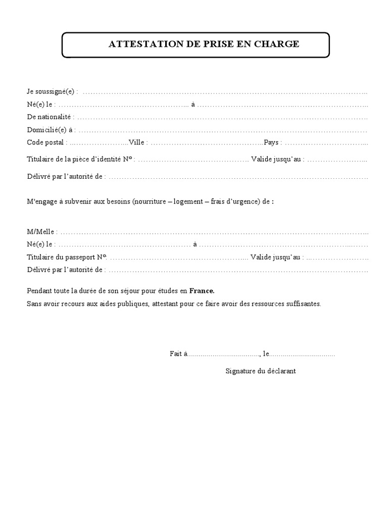 Attestation de Prise en Charge Visa | PDF