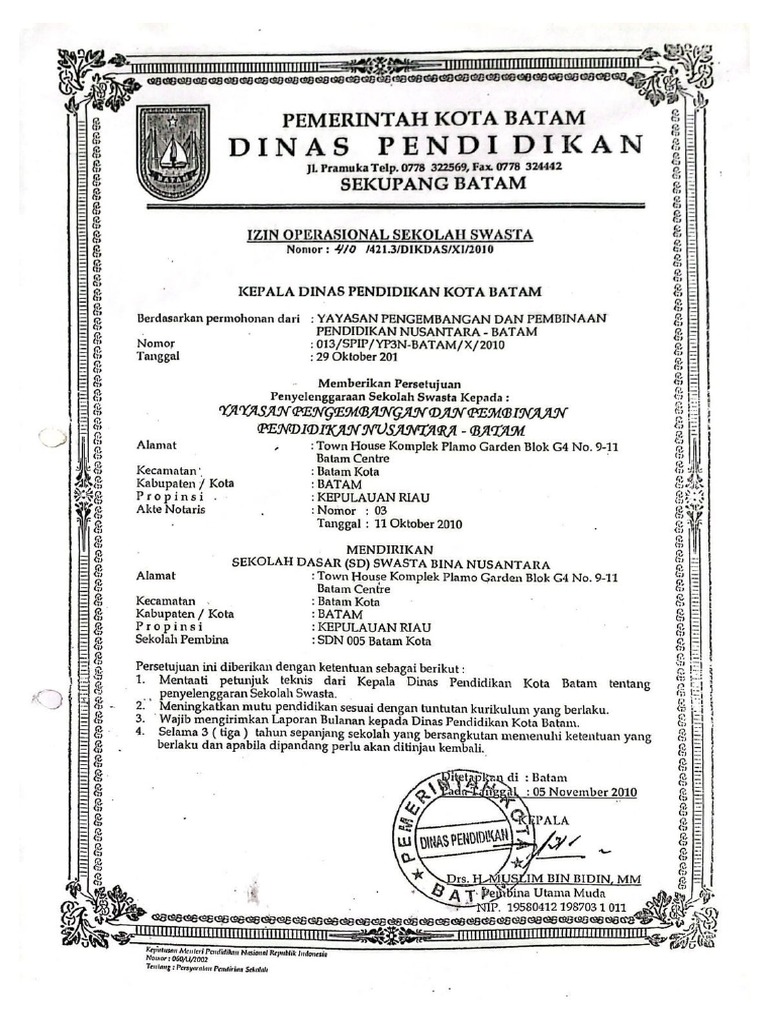 SK Izin Operasional Sekolah SD Bina Nusantara | PDF