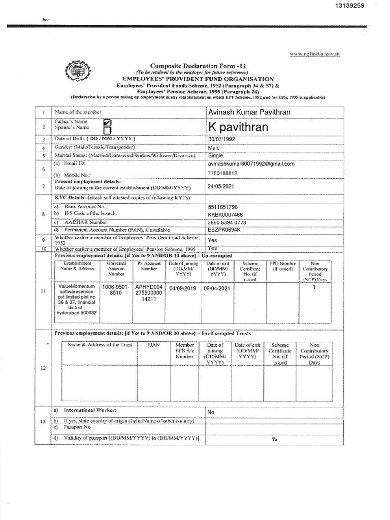 Form 11 - Employees’ Provident Fund Organization Composite Declaration ...