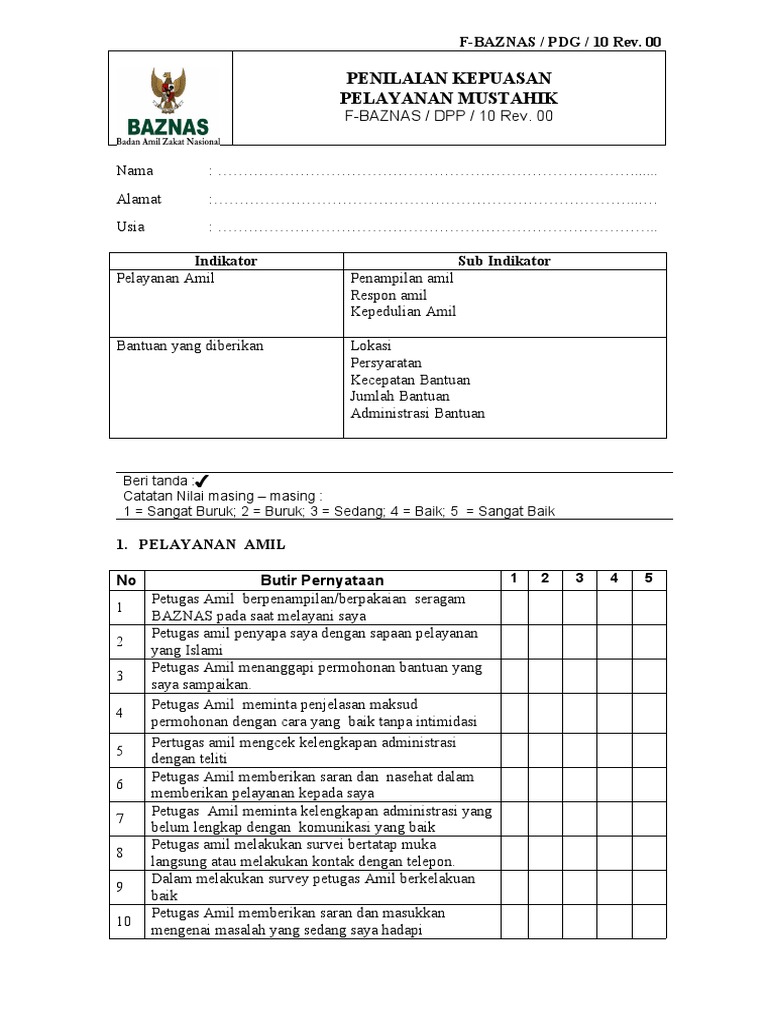 F-BAZNAS-DPP-10 - Format Penilaian Kepuasan Pelayanan Mustahik Rev 01 | PDF | Pengelolaan ...