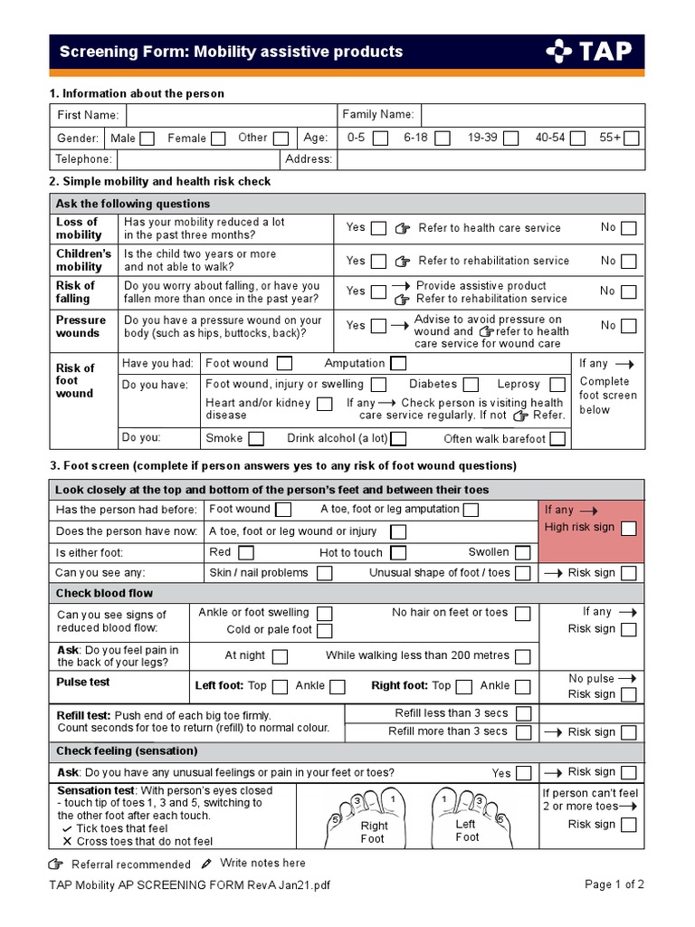 TAP Mobility AP SCREENING FORM RevA Jan21 | PDF | Wound | Prosthesis