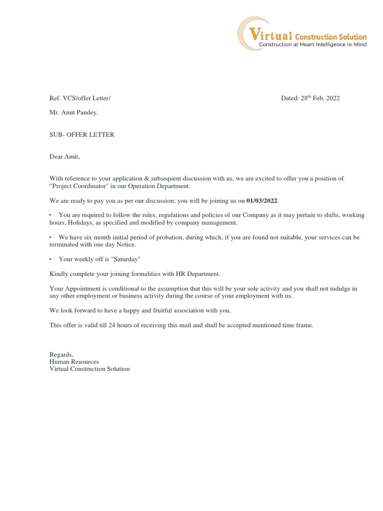 Amit P Offer Letter- VCS | PDF