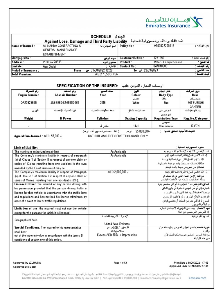Schedule | PDF | Insurance | Transport