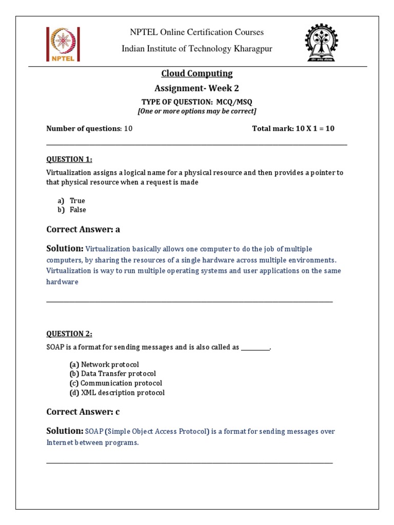 NPTEL Cloud Computing Week 2 Quiz | PDF | Web Service | Soap
