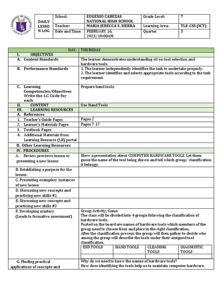 Cot 1 - Hand Tools | PDF | Learning | Educational Technology