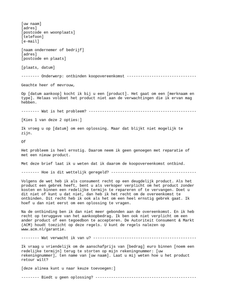 Voorbeeldbrief Ongedaan Maken Koopovereenkomst Product | PDF