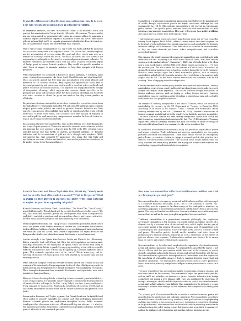 Sample Essay Questions | Download Free PDF | Mercantilism | Protectionism